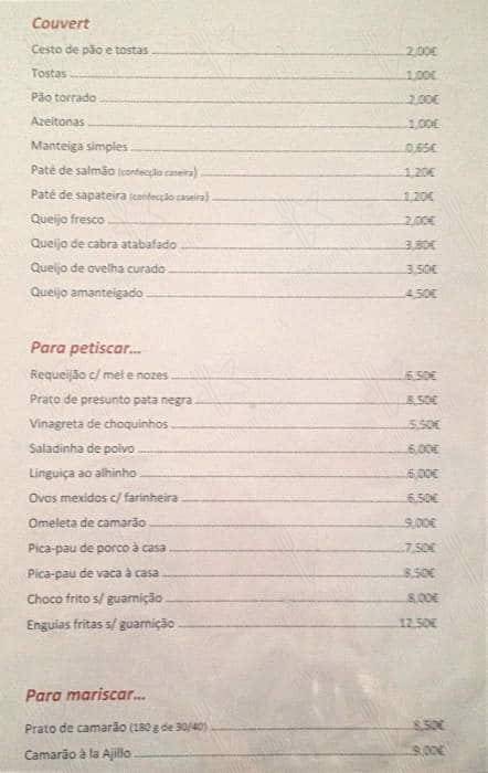 Menu em Baía Tejo restaurante, Gaio-Rosário, Largo das Forças Armadas 20