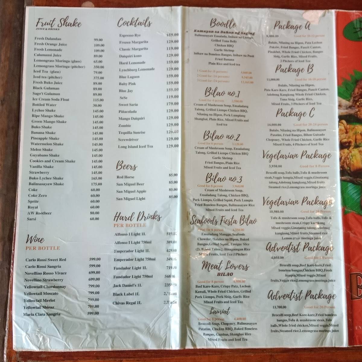 Menu at Balinsasayaw restaurant, Silang, KM44 Emilio Aguinaldo Hwy