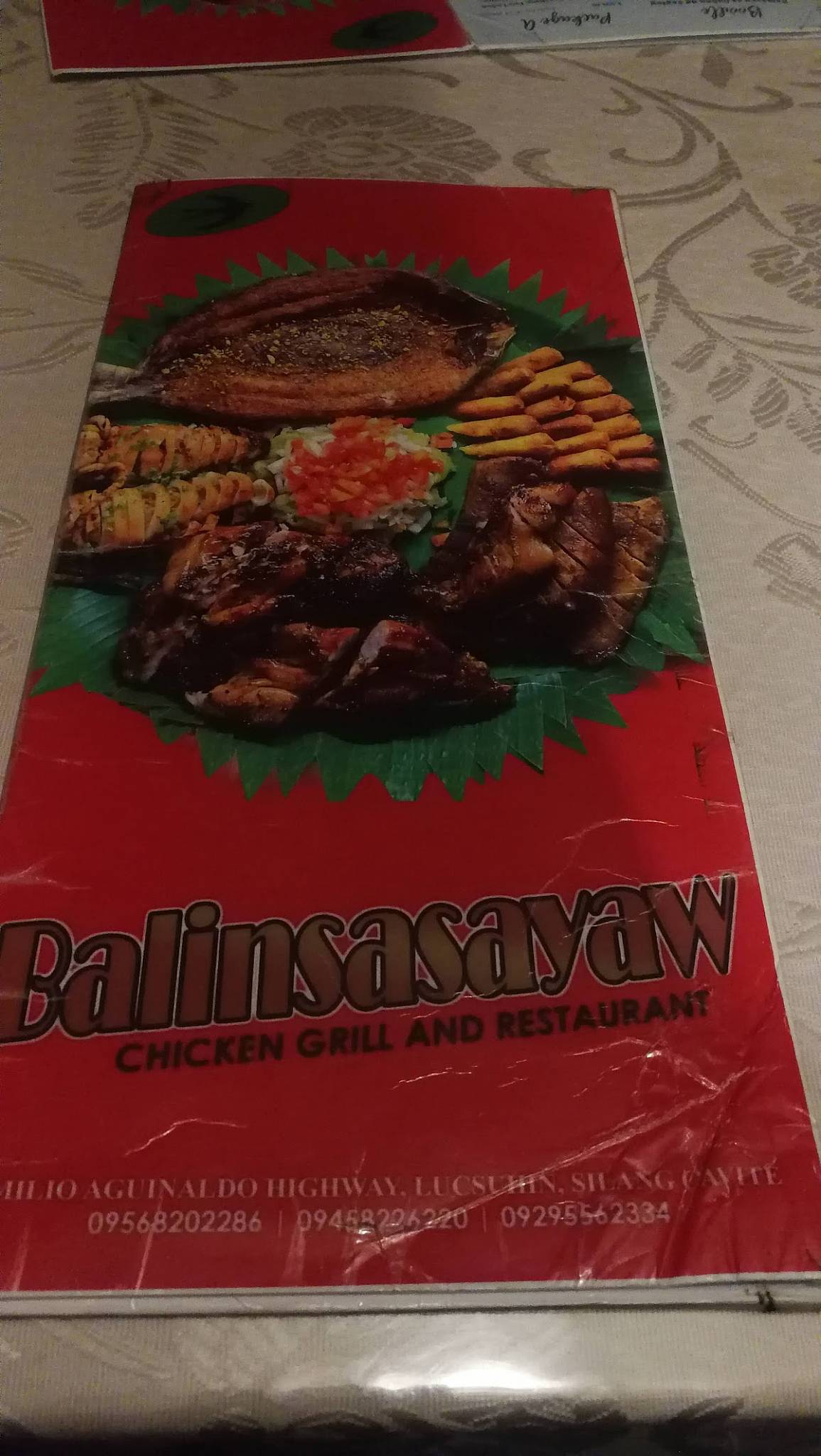 Menu at Balinsasayaw restaurant, Silang, KM44 Emilio Aguinaldo Hwy
