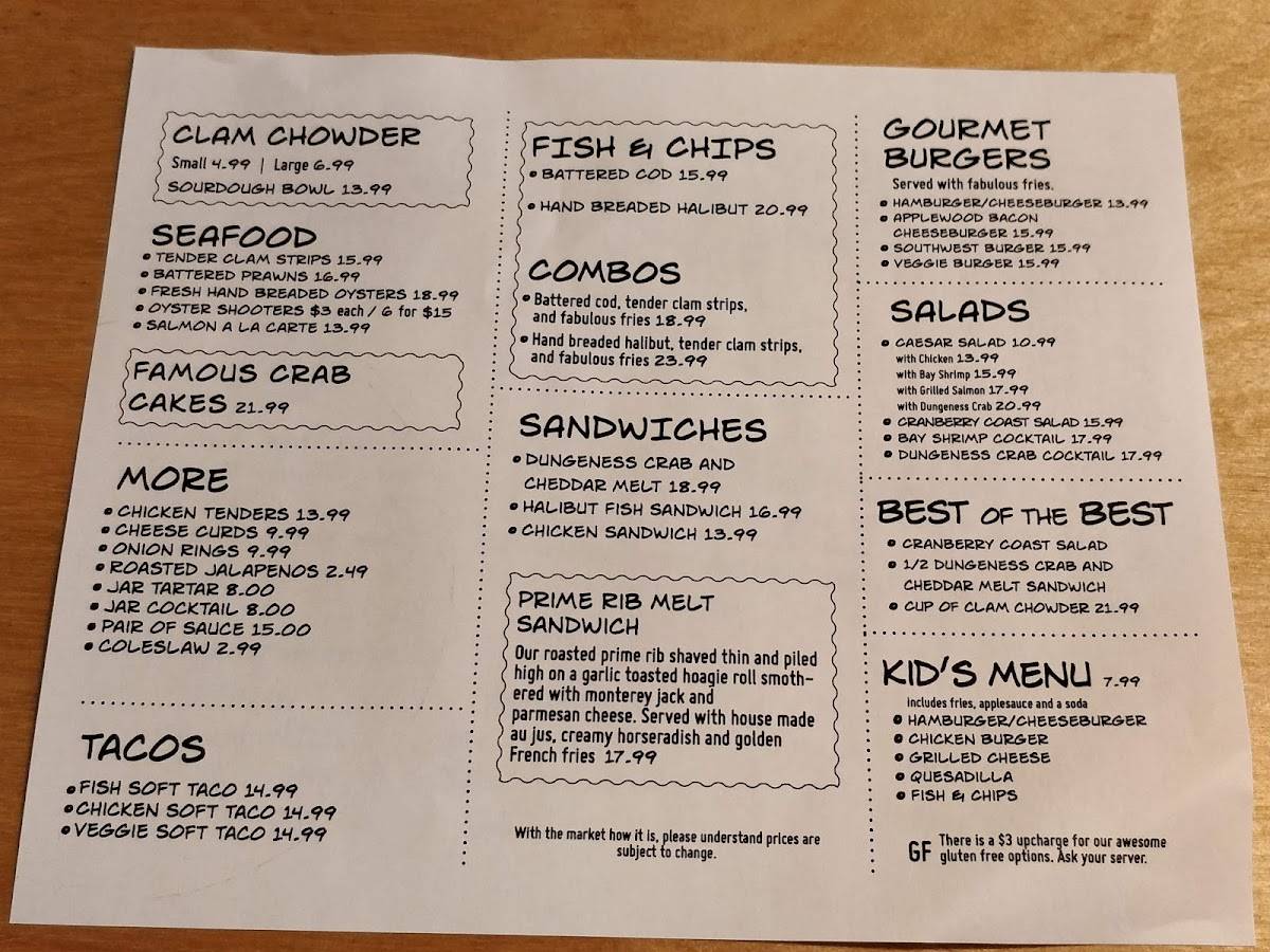 Menu at Bennett's Fish Shack restaurant, Ocean Shores
