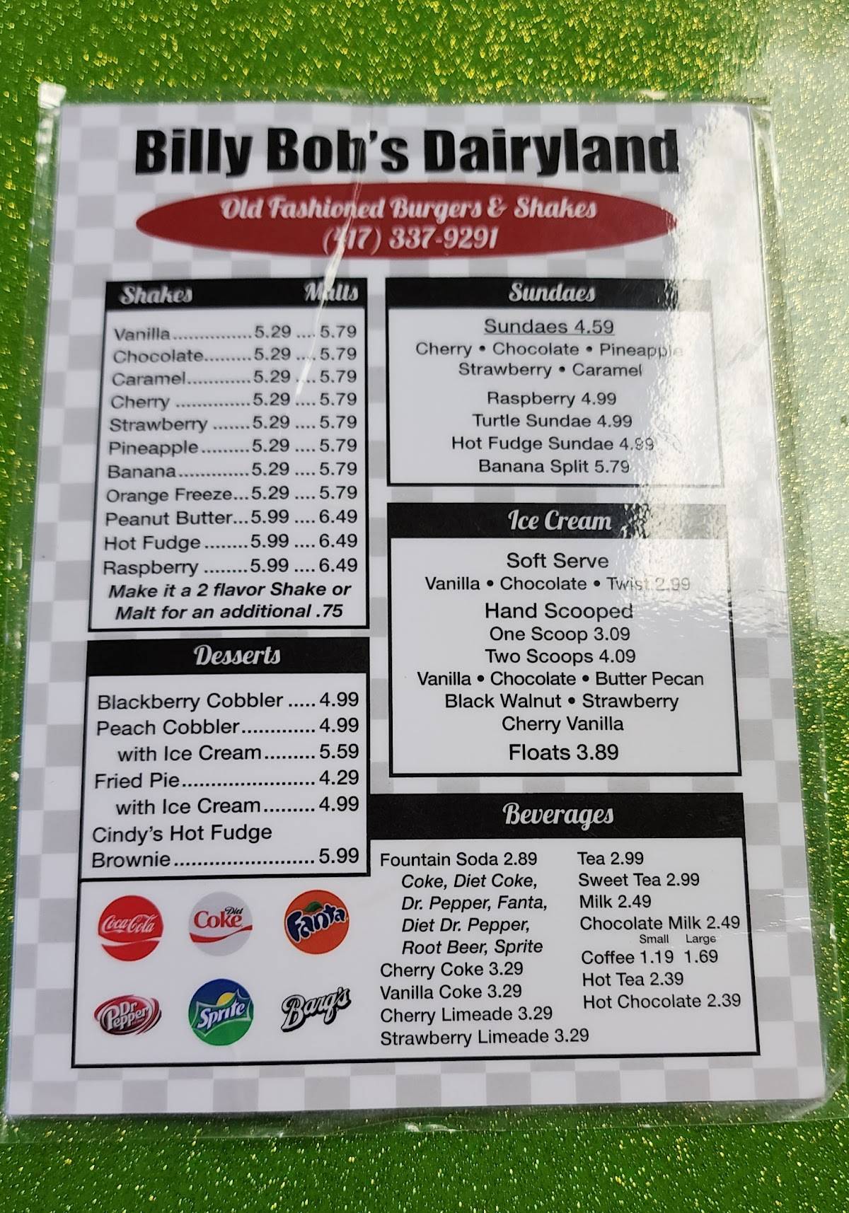 Menu at Billy Bob's Dairy Land restaurant, Branson, W 76 Country Blvd