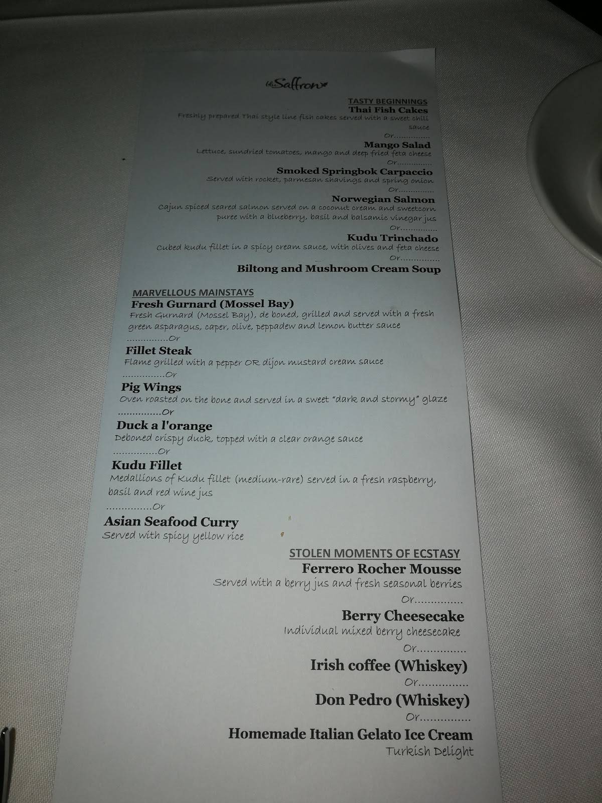 Menu at Blu Saffron restaurant, Pretoria
