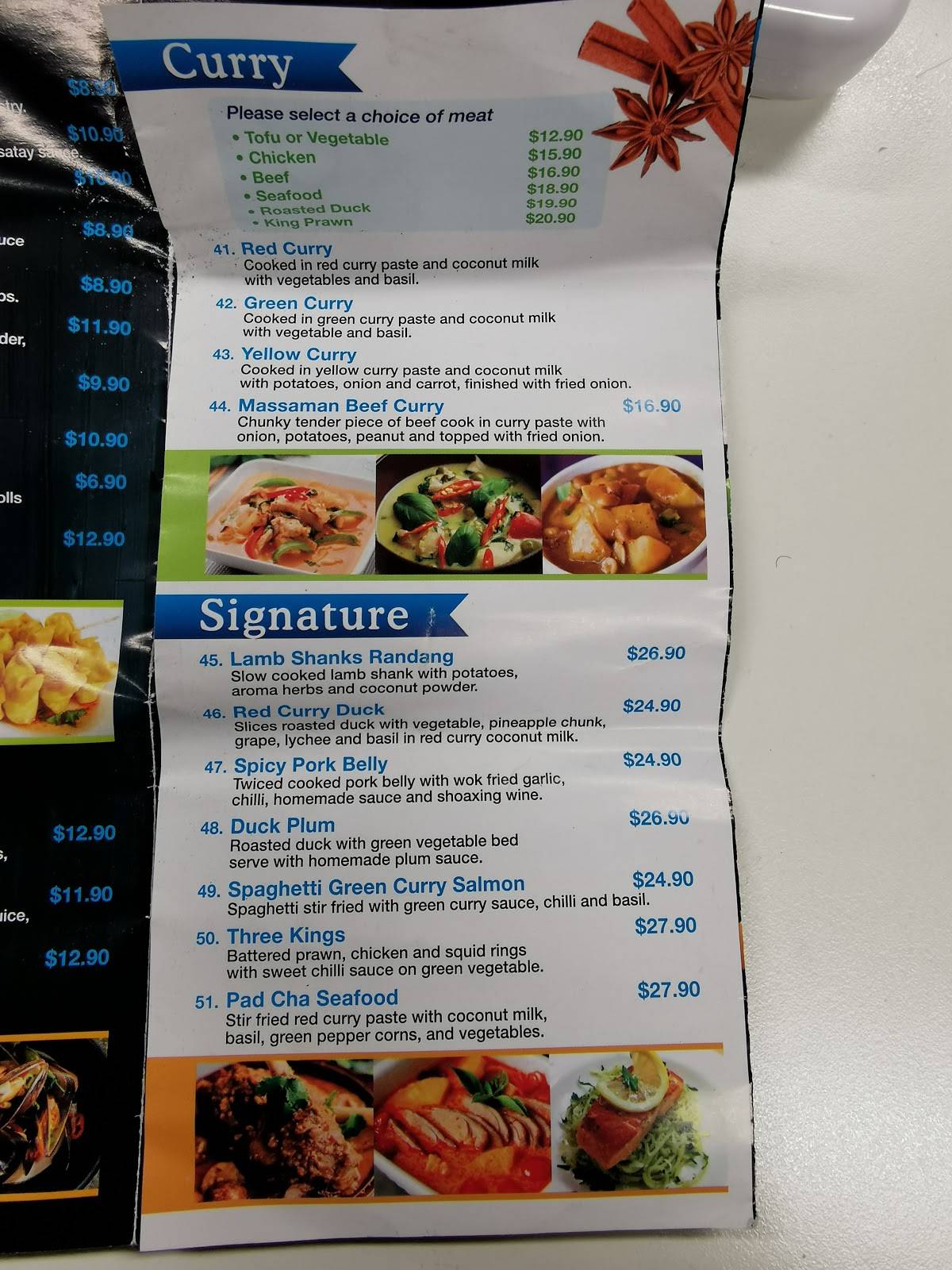 Menu at Blue Elephant Thai restaurant, Darlinghurst
