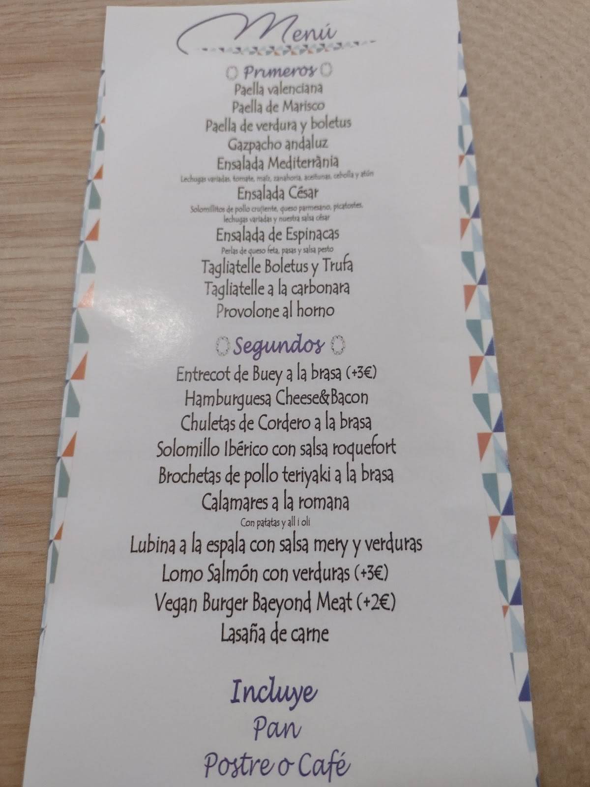 Menu at Boa Beach restaurant, Valencia