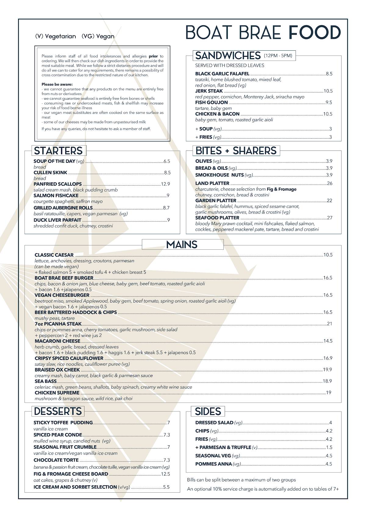 Menu at Boat Brae restaurant, Newport-on-Tay