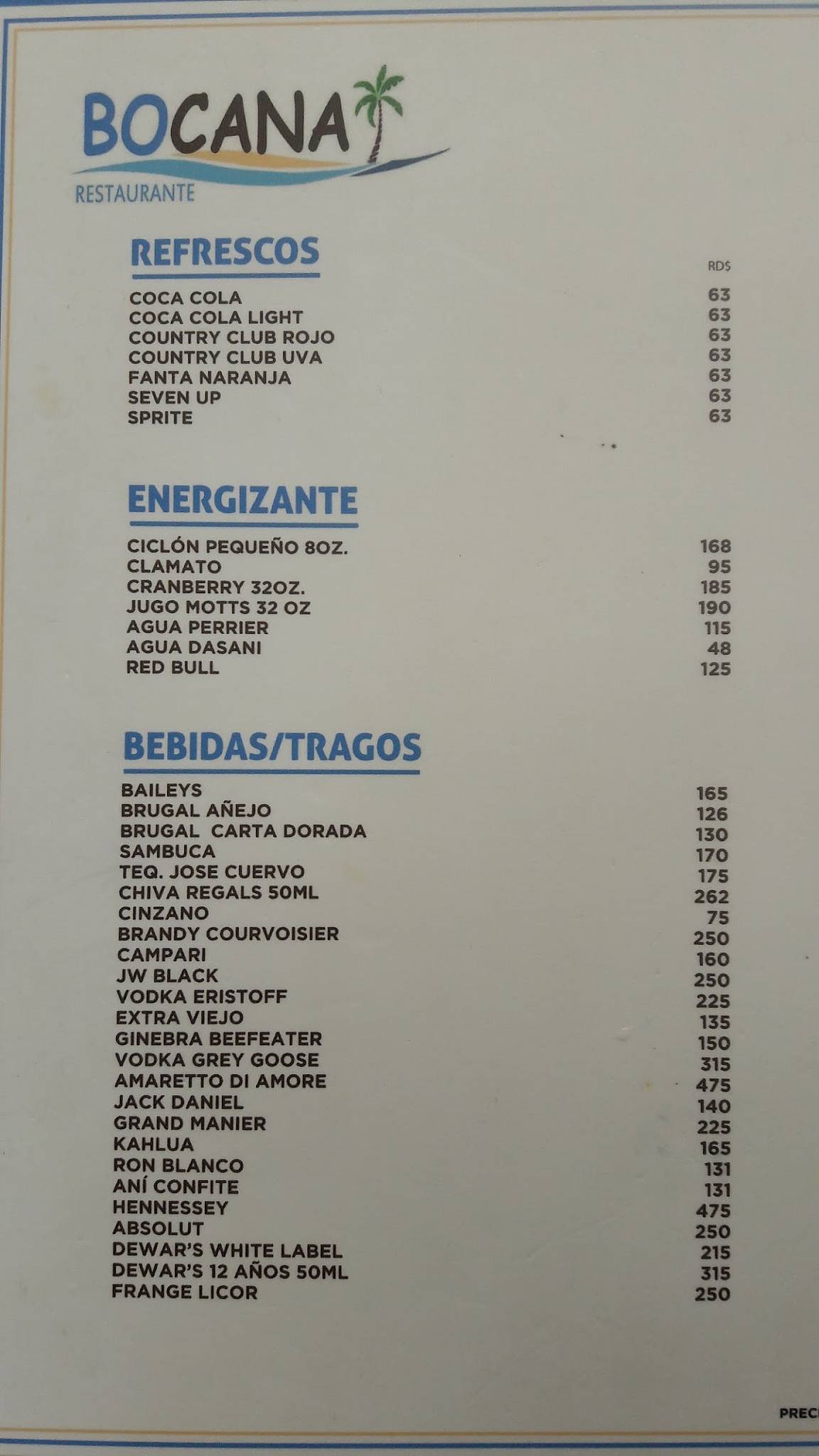Menu at Bocana Beach & Club, Boca Chica