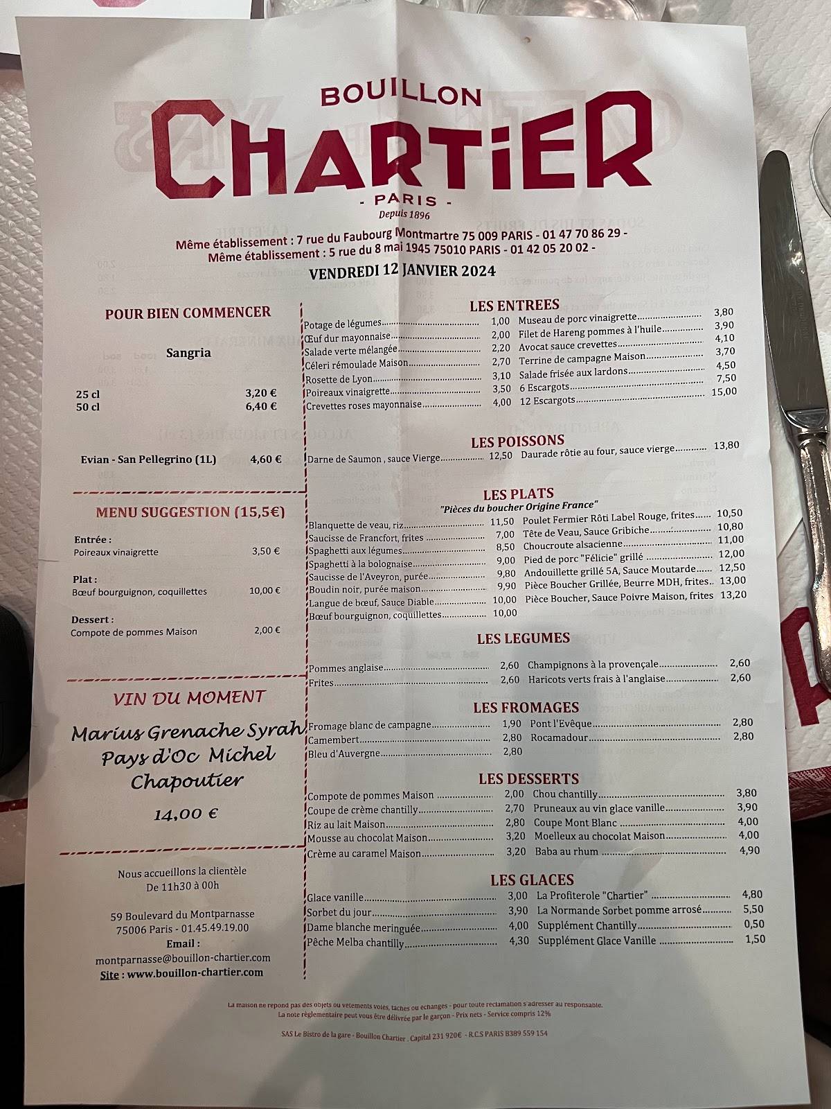 Carta del restaurante Bouillon Chartier, Paris, 59 Bd du Montparnasse