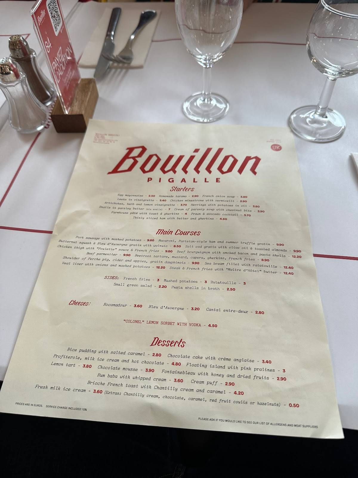 Menu at Bouillon Pigalle restaurant, Paris