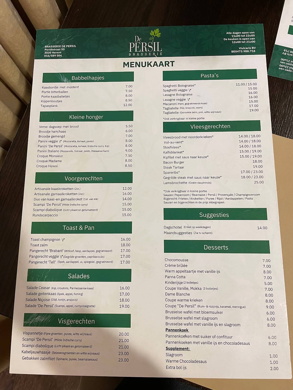 Menu at Brasserie DE PERSIL, Herent, brasserie DE PERSIL