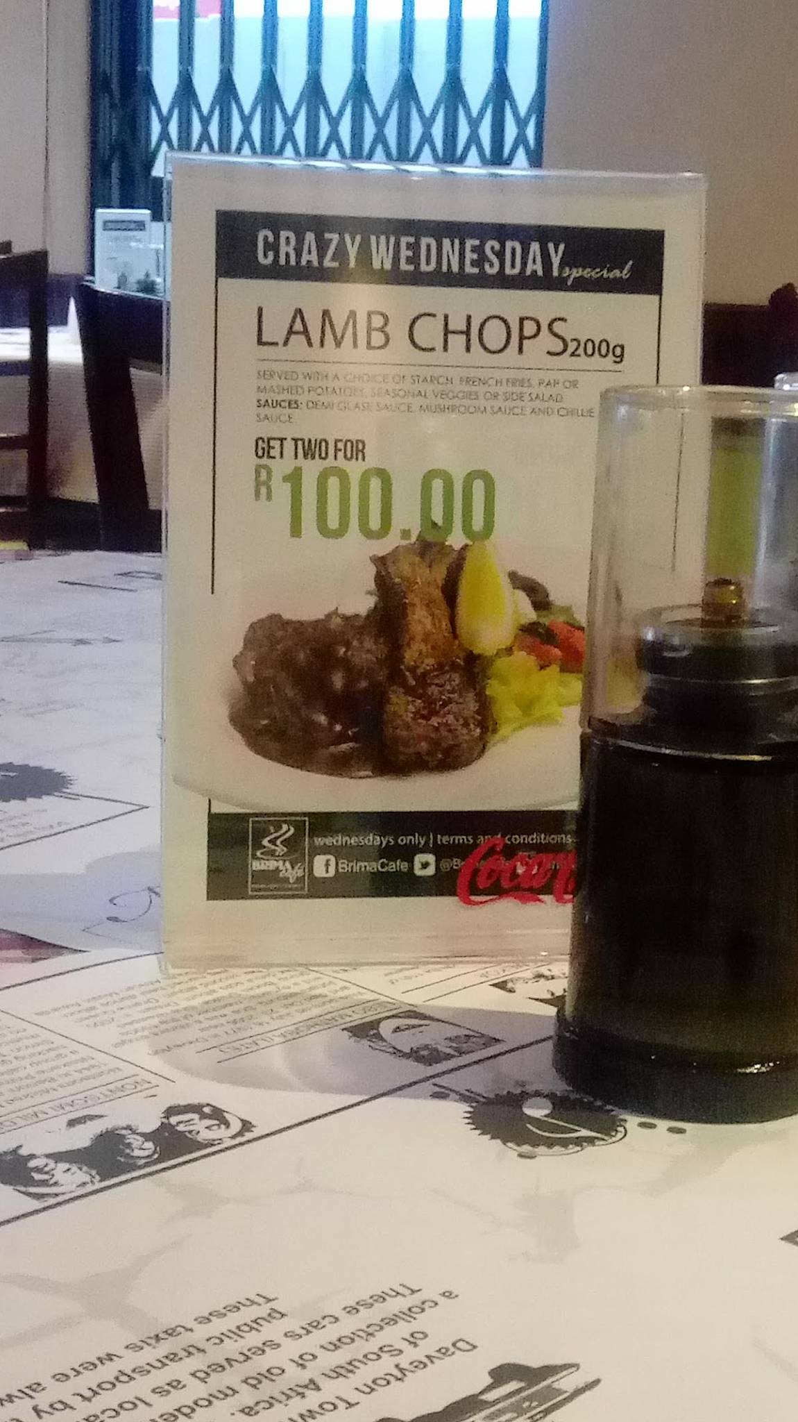 Menu au Brima Cafe, Benoni