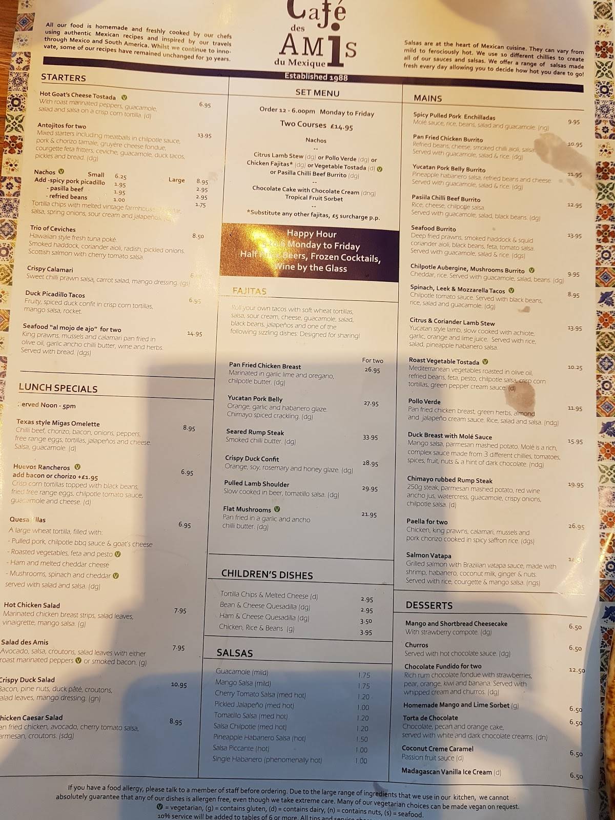 Menu at Café des Amis restaurant, Canterbury
