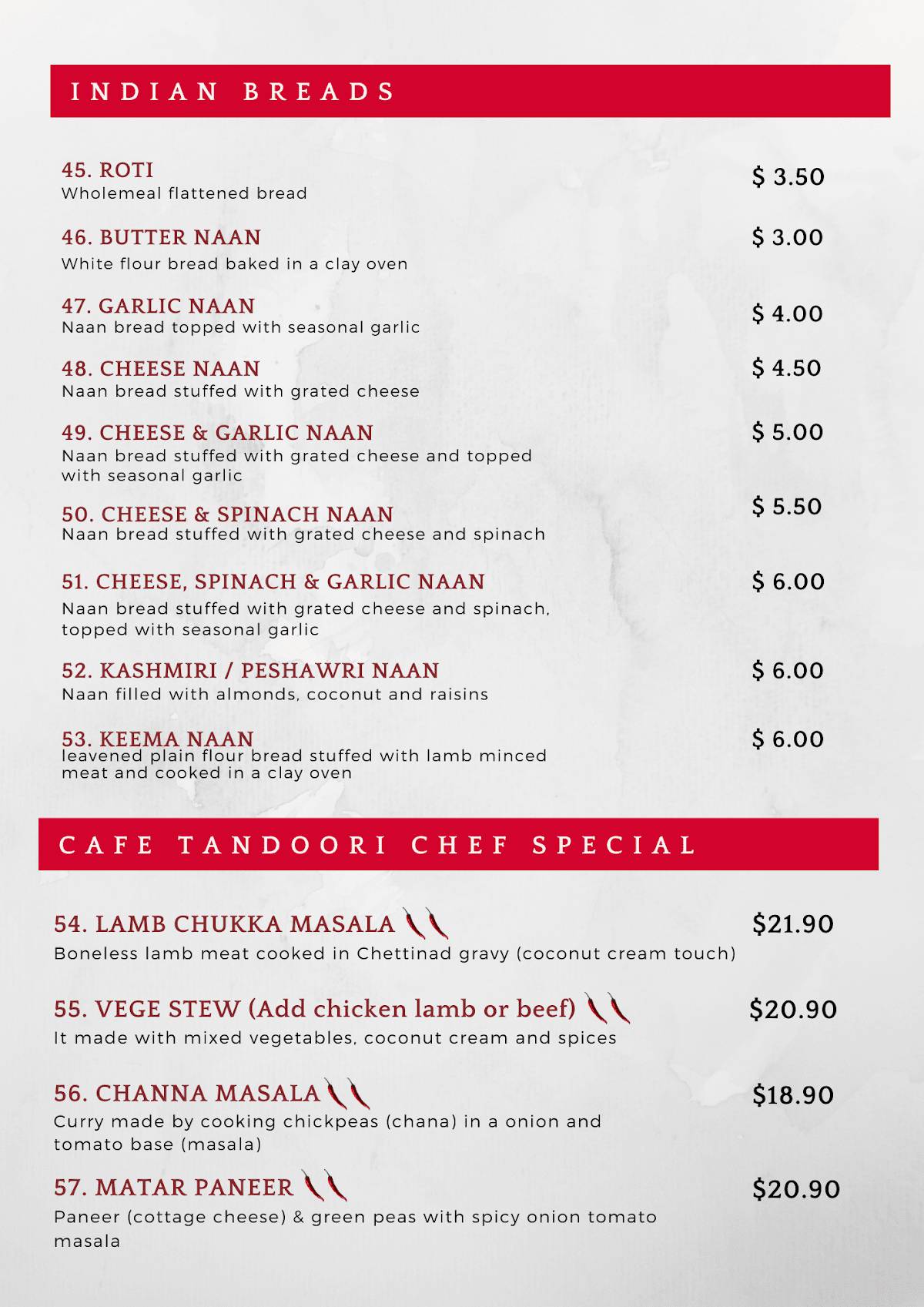 Menu at Cafe Tandoori Indian Cuisine, Pambula