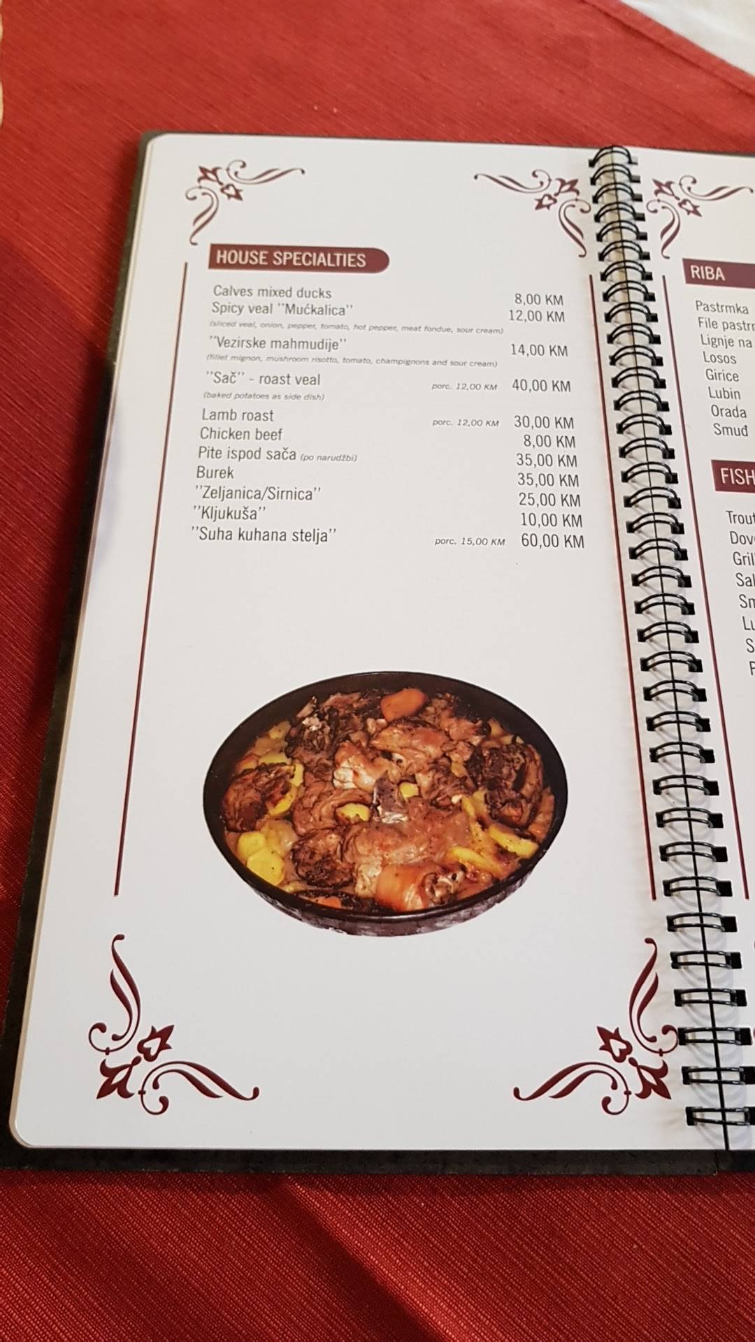 Menu at Čardak restaurant, Vogošća