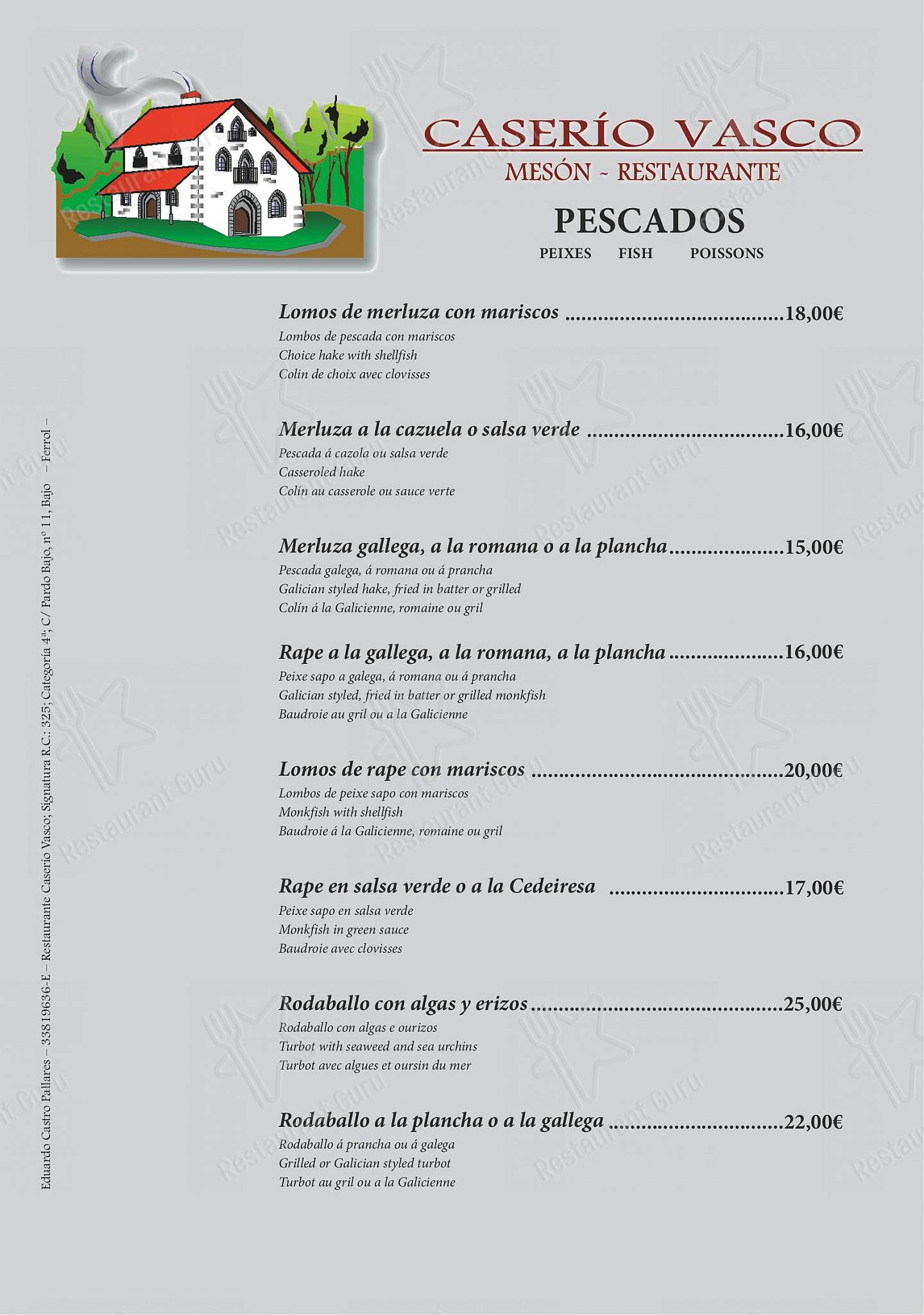 Carta del restaurante El Caserío Vasco, Ferrol