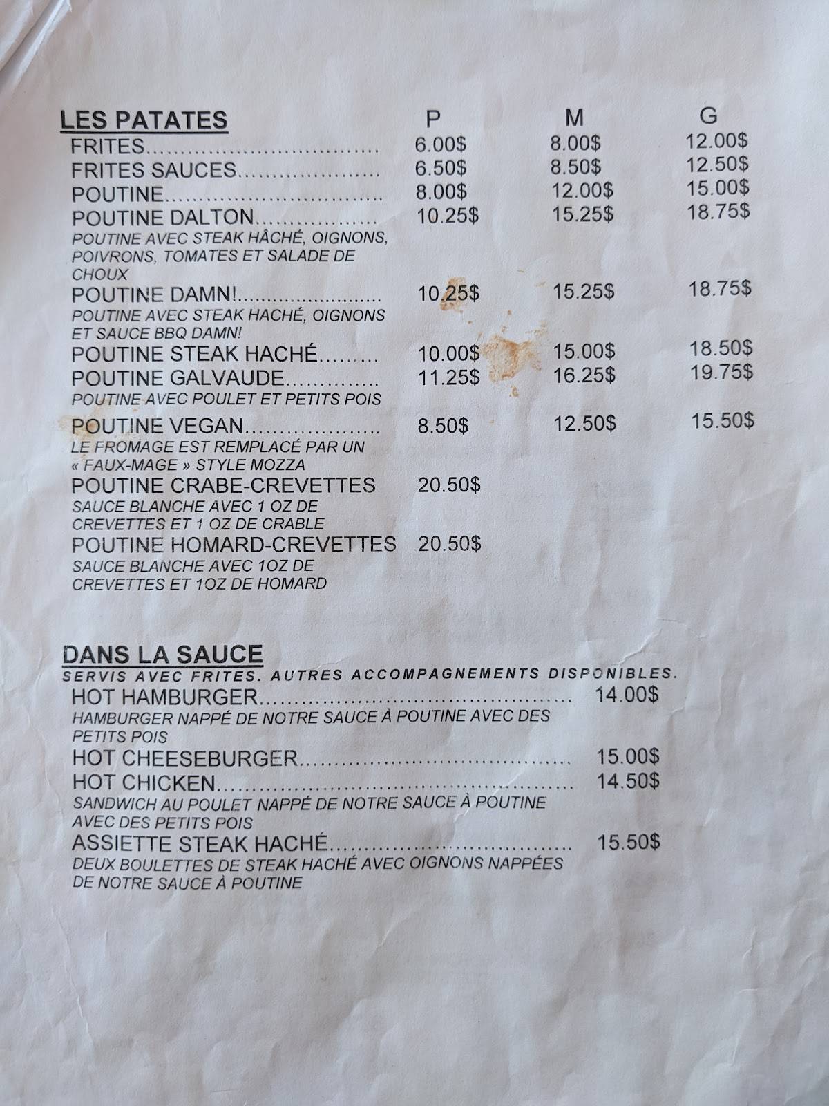 Menu au Casse-Croûte du Pêcheur restaurant, Sept-Iles
