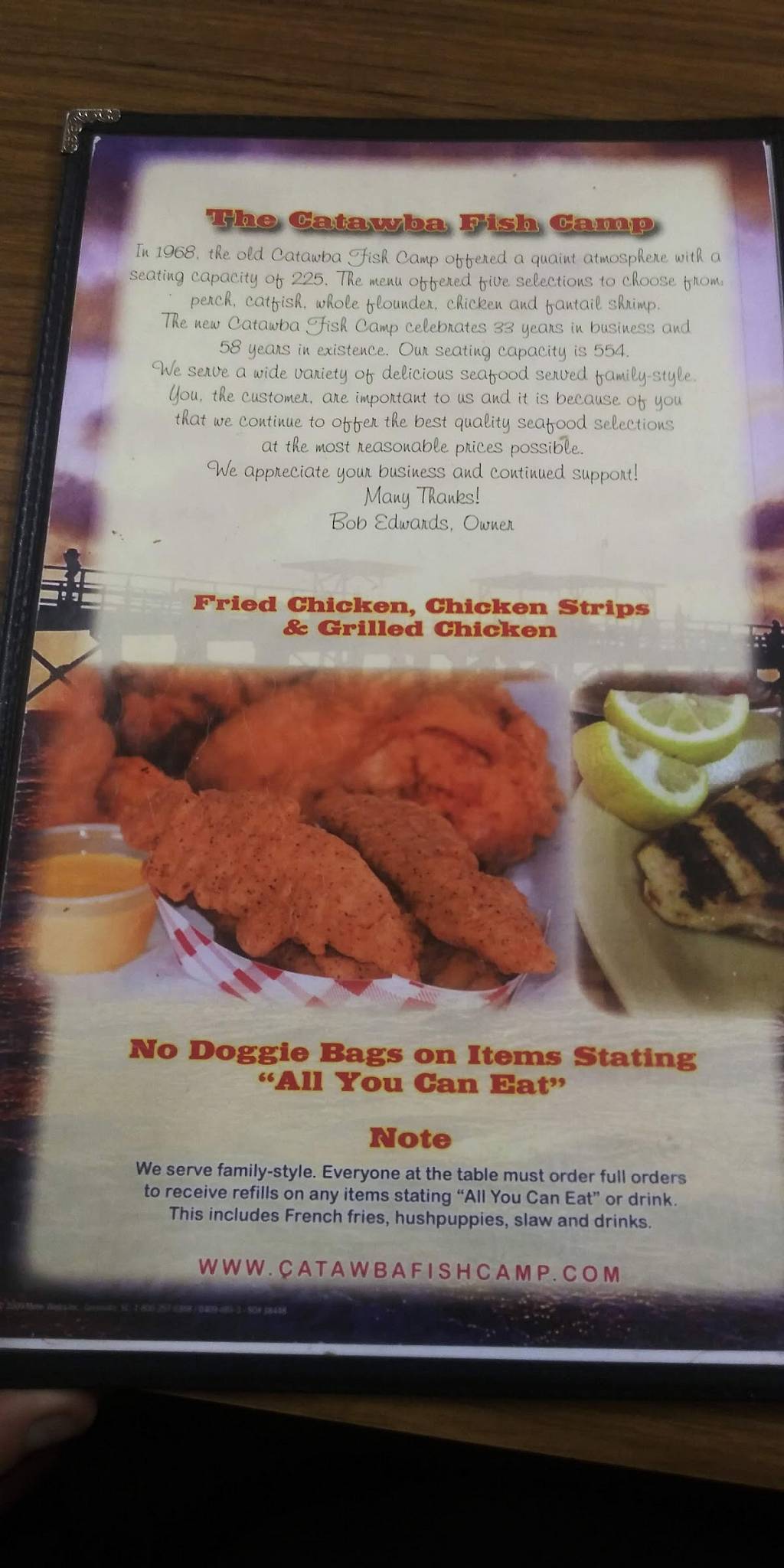 Menu at Catawba Fish Camp restaurant, Fort Lawn