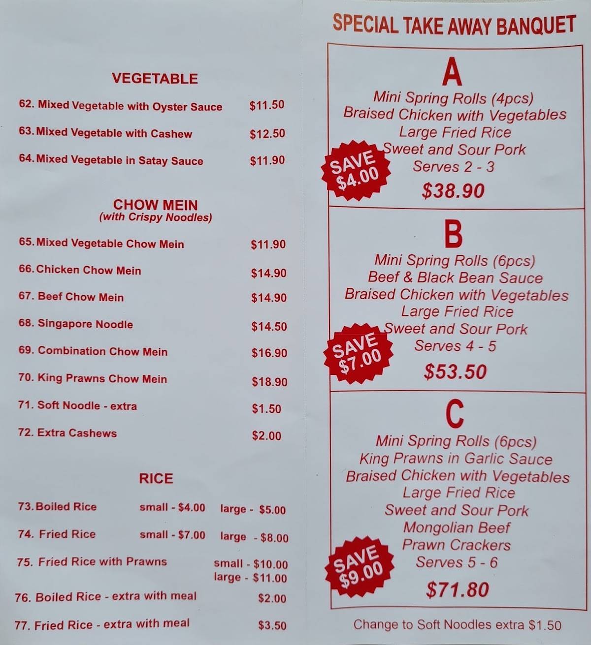 Menu at Chinderah Chinese Takeaway restaurant, Chinderah
