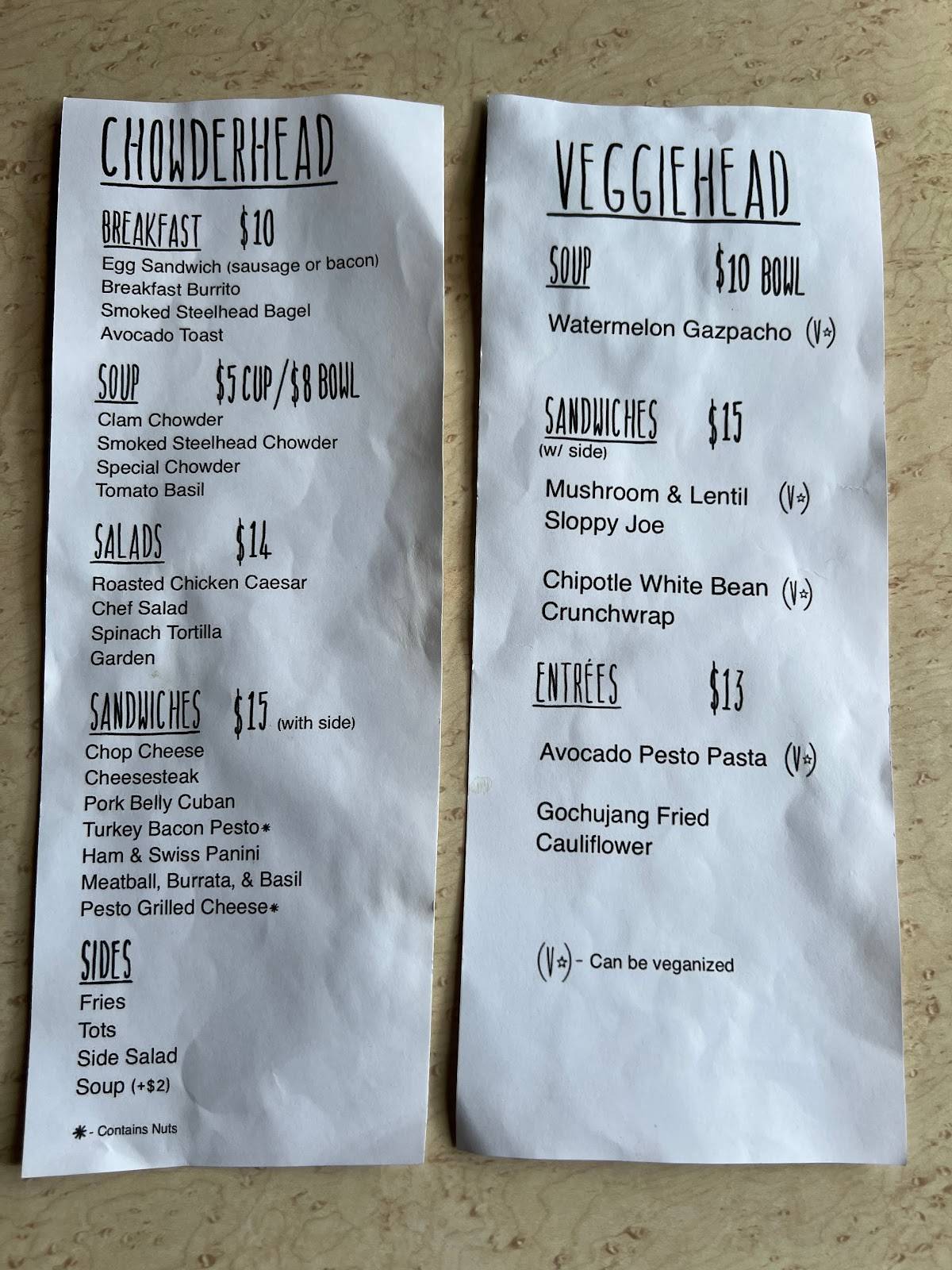 Menu at Chowderhead restaurant, Spokane