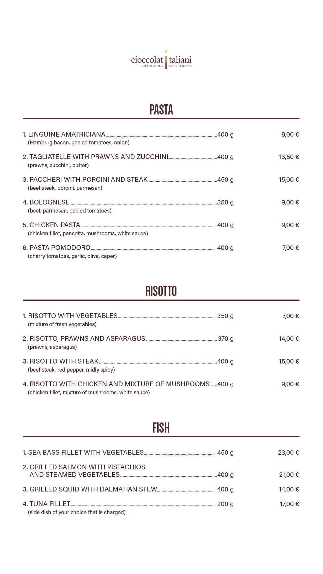Menu at Cioccolatitaliani restaurant, Podgorica