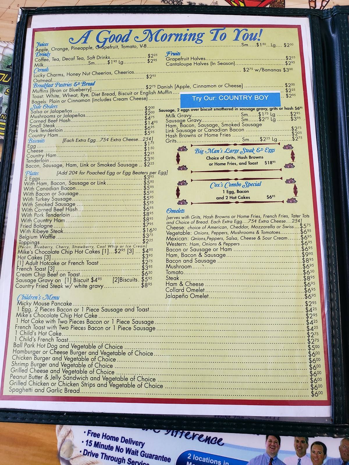 Menu at Cox Family Restaurant, Morehead City