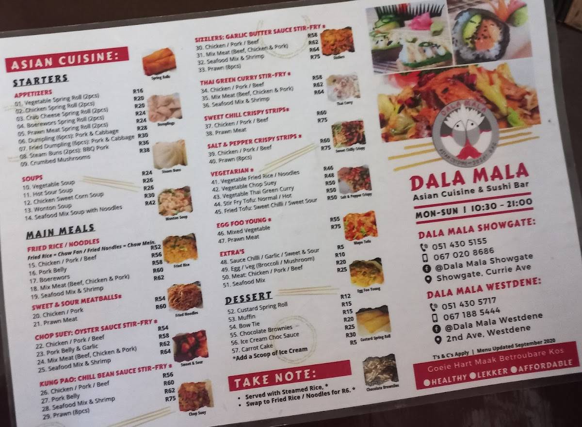 Menu at Dala Mala Asian Cuisine & Sushi Bar, Bloemfontein, Shop 9