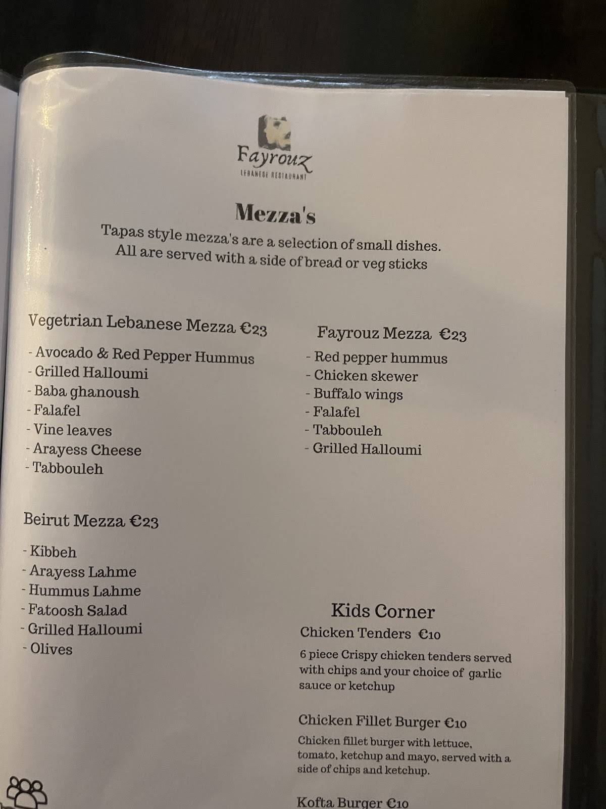 Menu at Fayrouz Lebanese Restaurant, Dublin