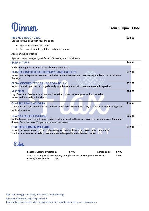 Menu at Flax Bar & Eatery, Christchurch