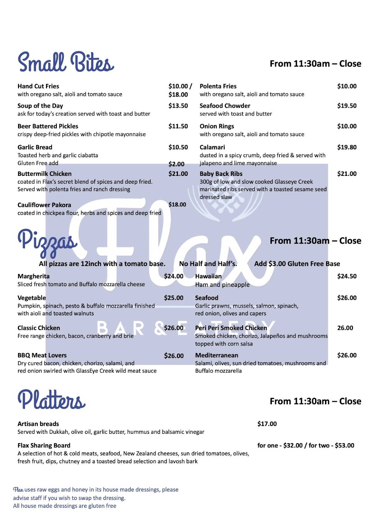 Menu at Flax Bar & Eatery, Christchurch