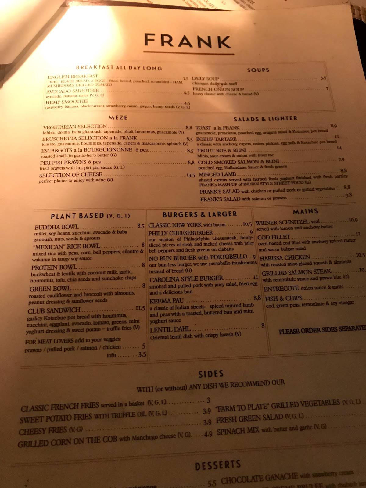 Menu at Restaurant Frank, Tallinn