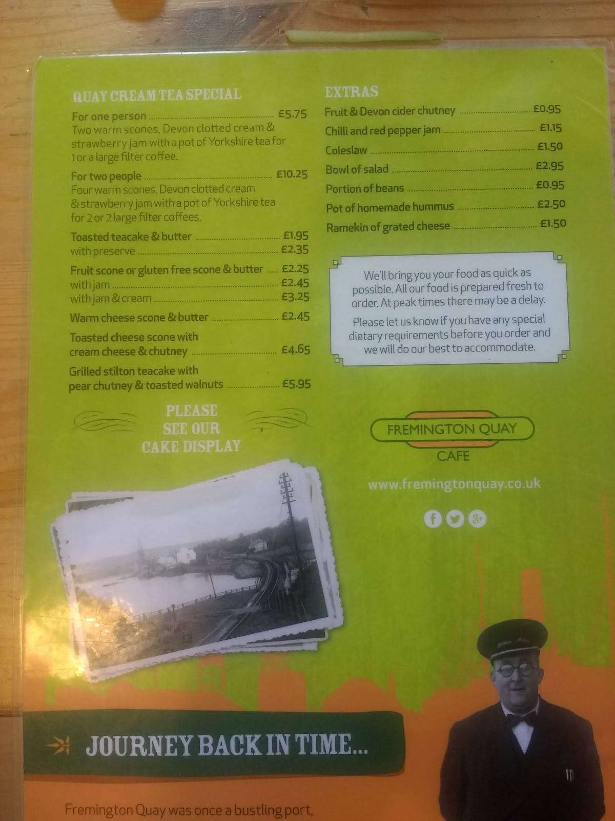 Menu at Fremington Quay restaurant, Fremington