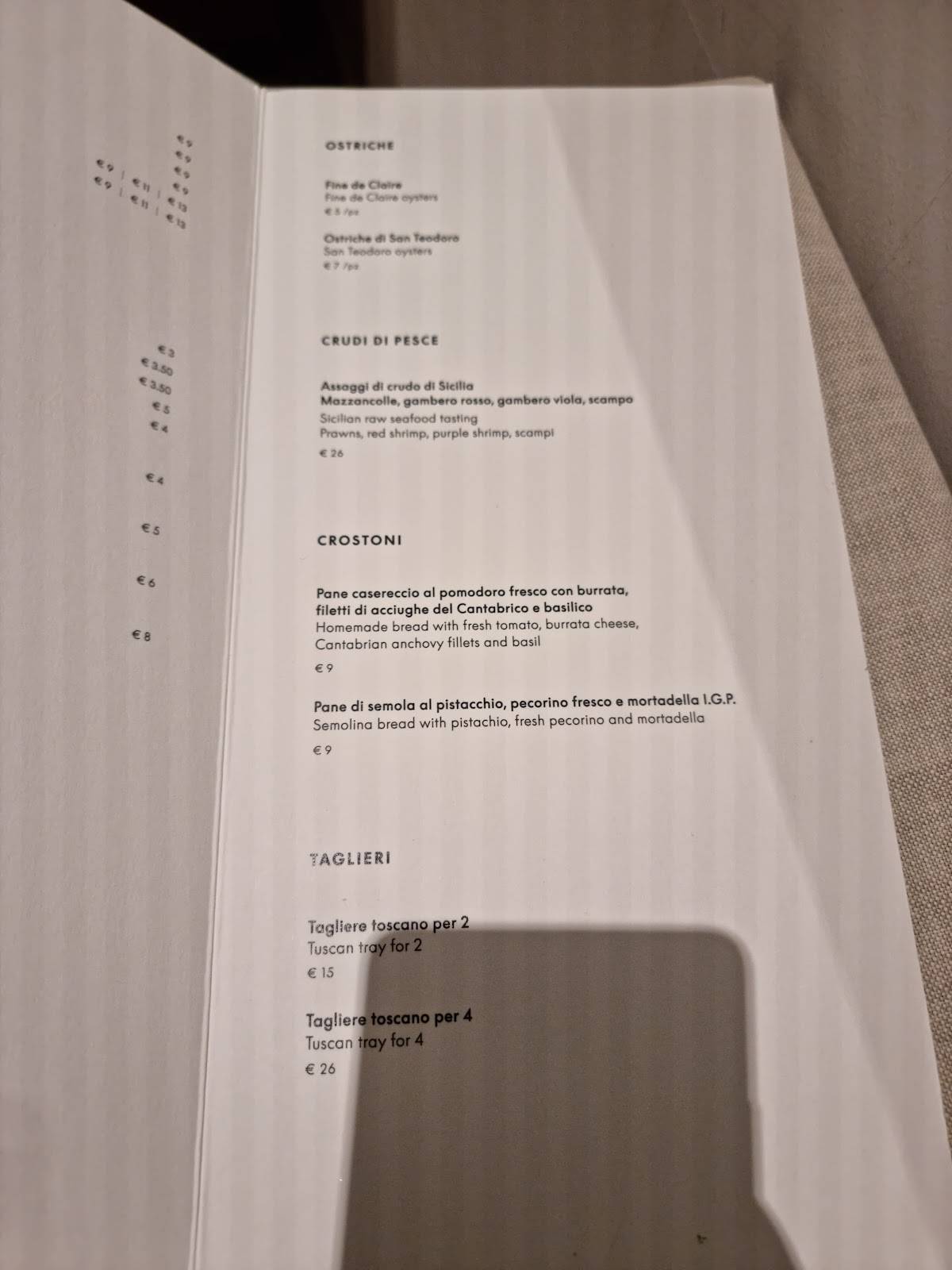 Menu at Golden View Firenze restaurant, Florence