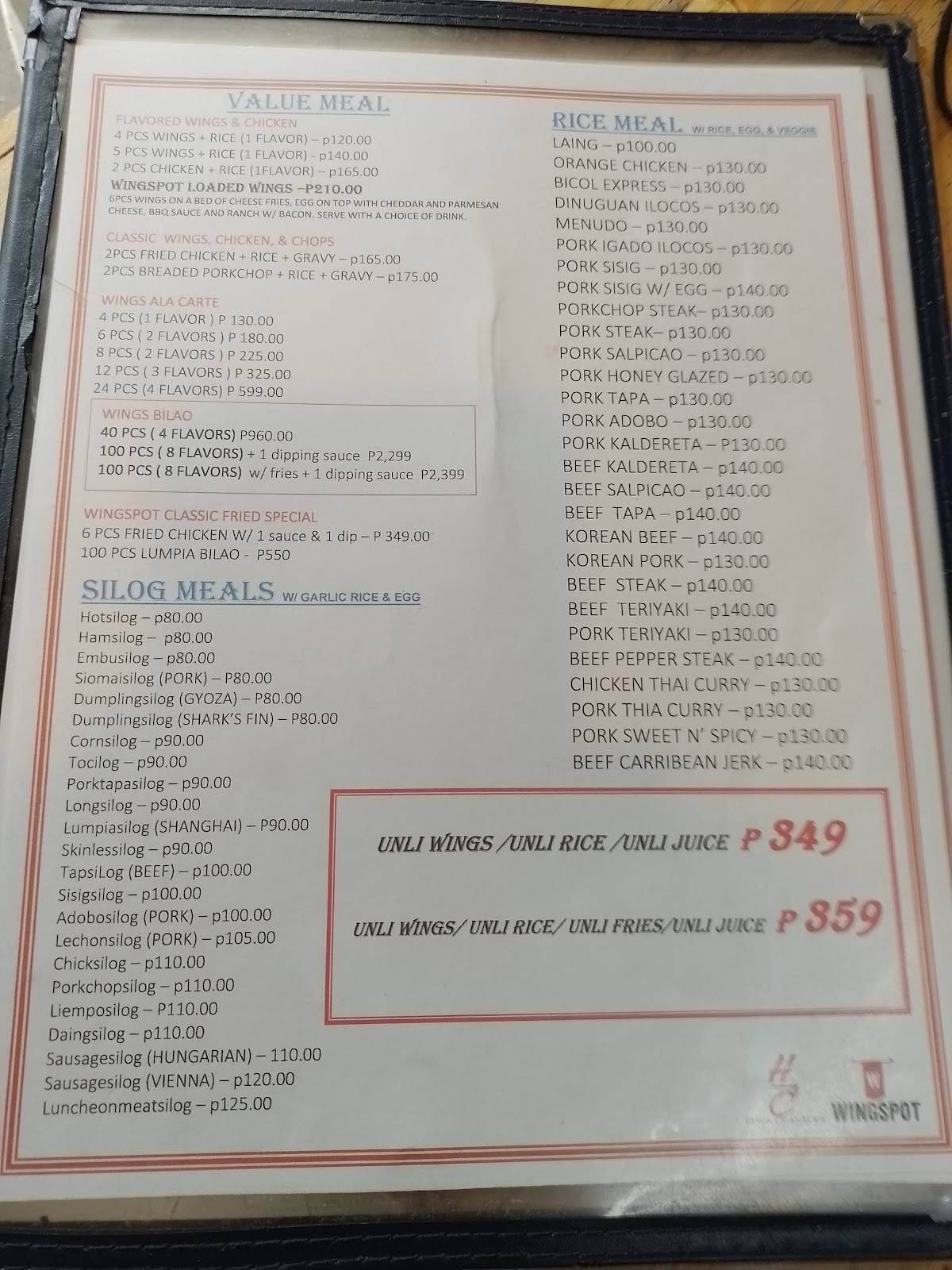 Menu at HI-Way Canteen restaurant, Manila