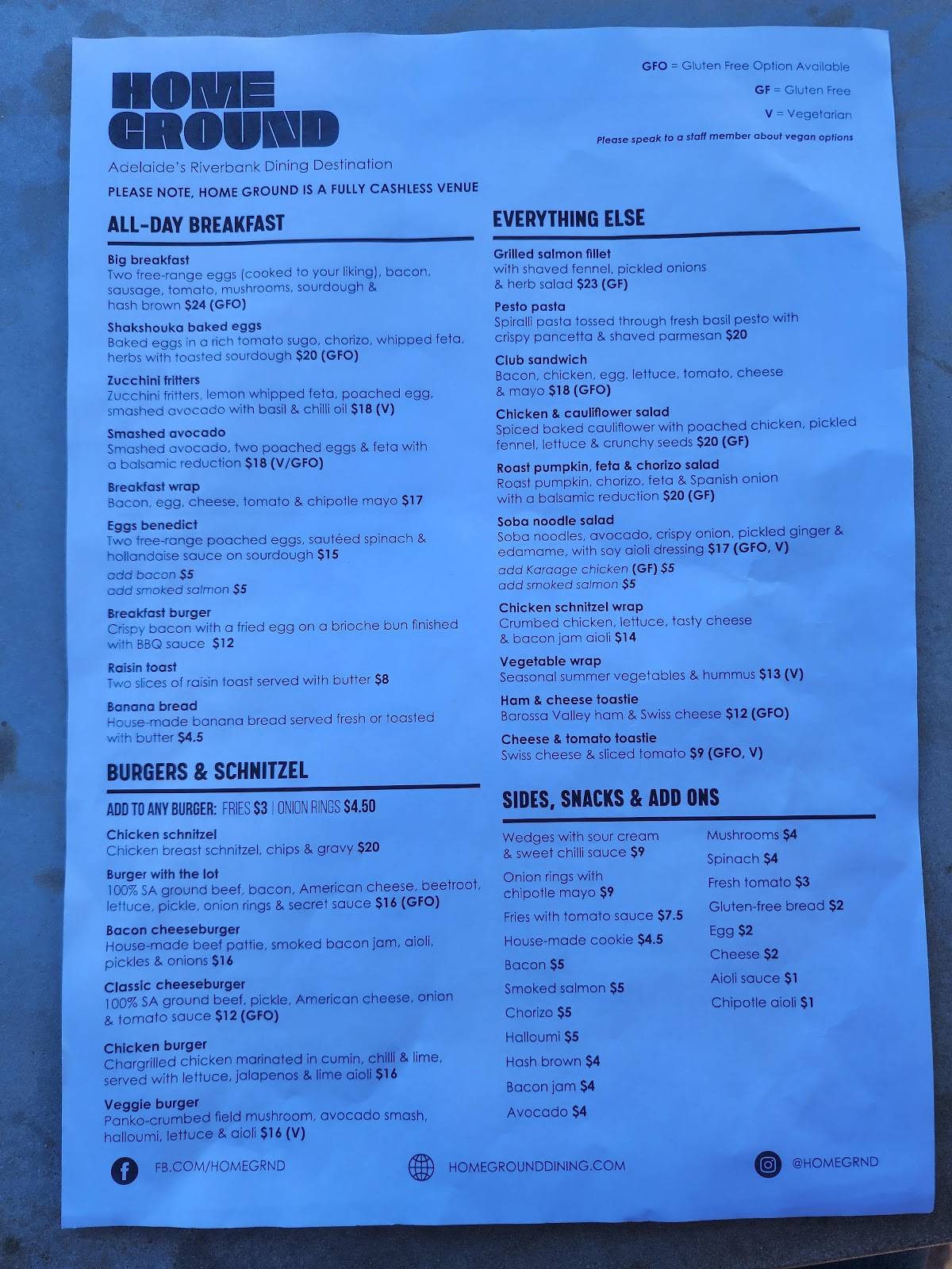 Menu at Home Ground restaurant, Adelaide