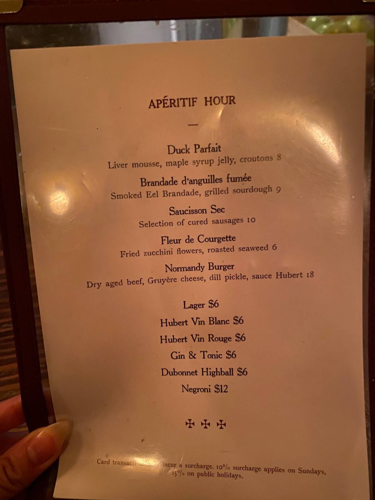 Menu at Restaurant Hubert, Sydney