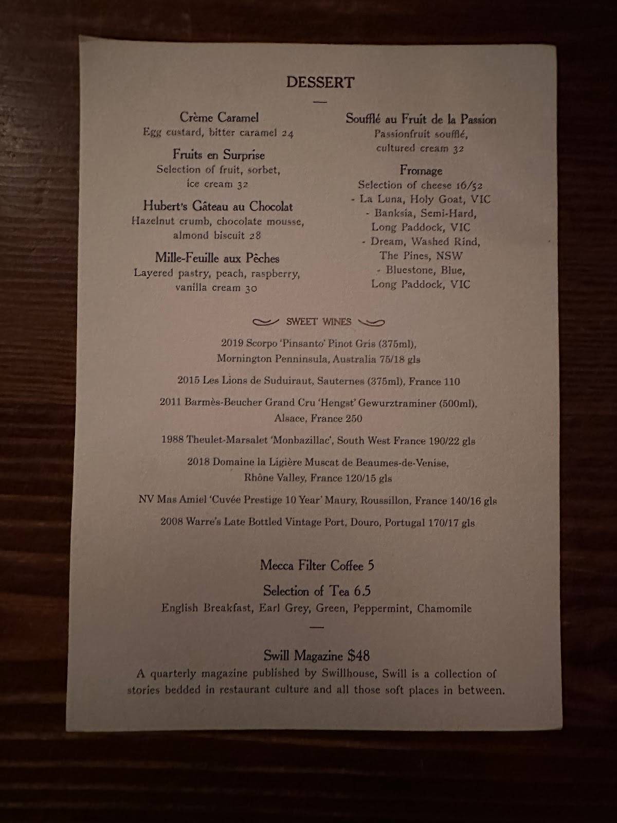 Menu at Restaurant Hubert, Sydney