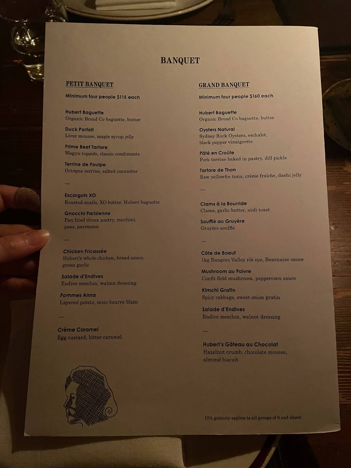 Menu at Restaurant Hubert, Sydney