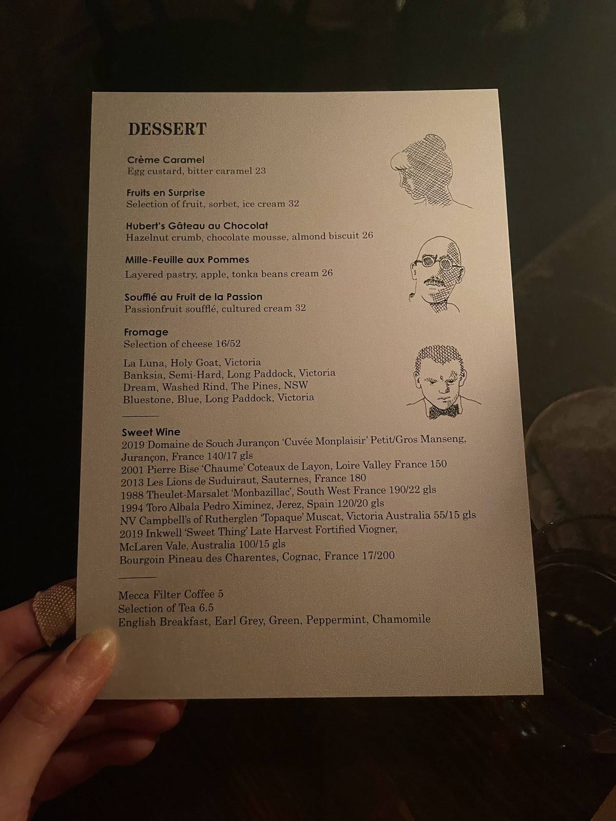 Menu at Restaurant Hubert, Sydney
