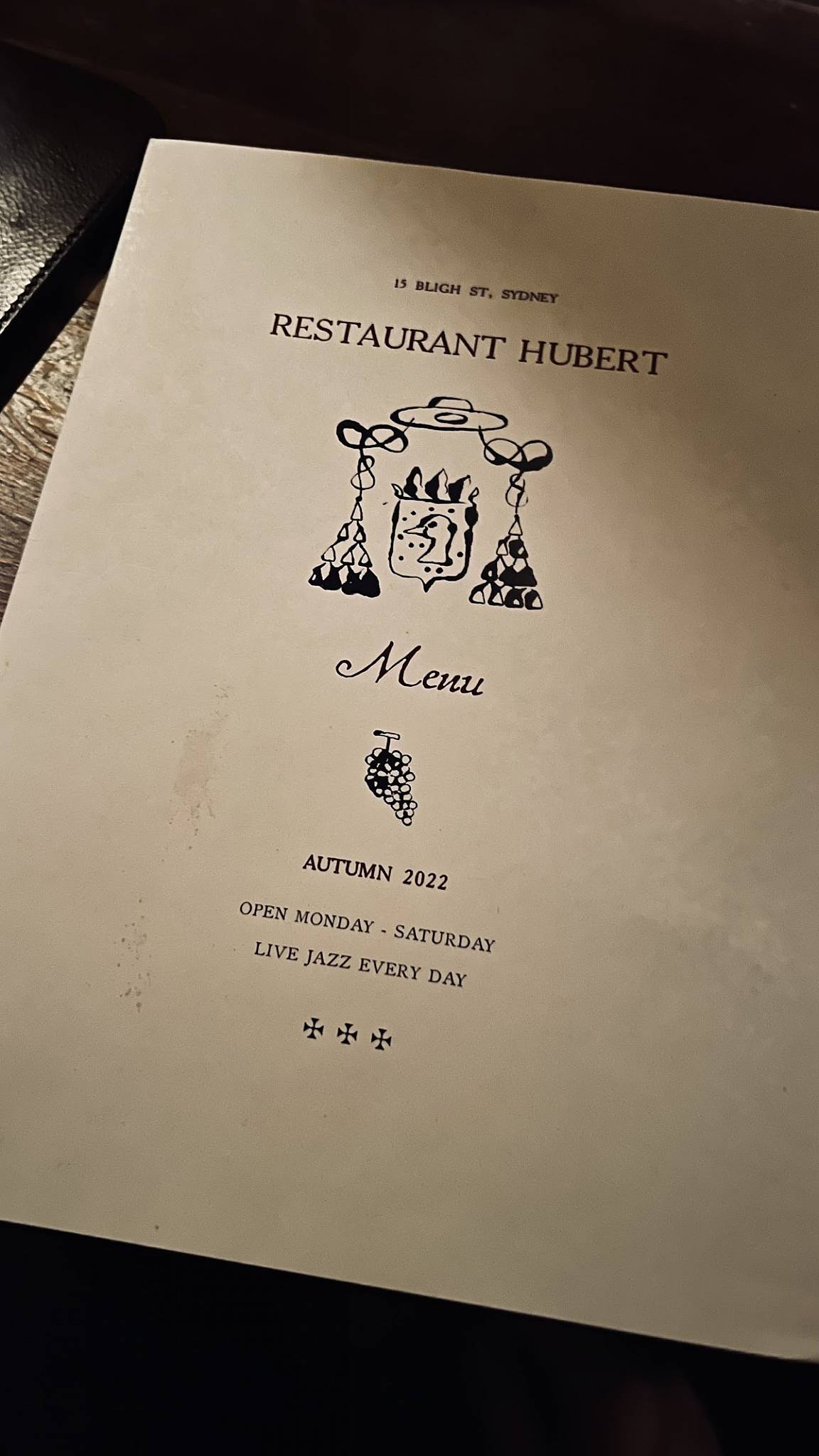Menu at Restaurant Hubert, Sydney