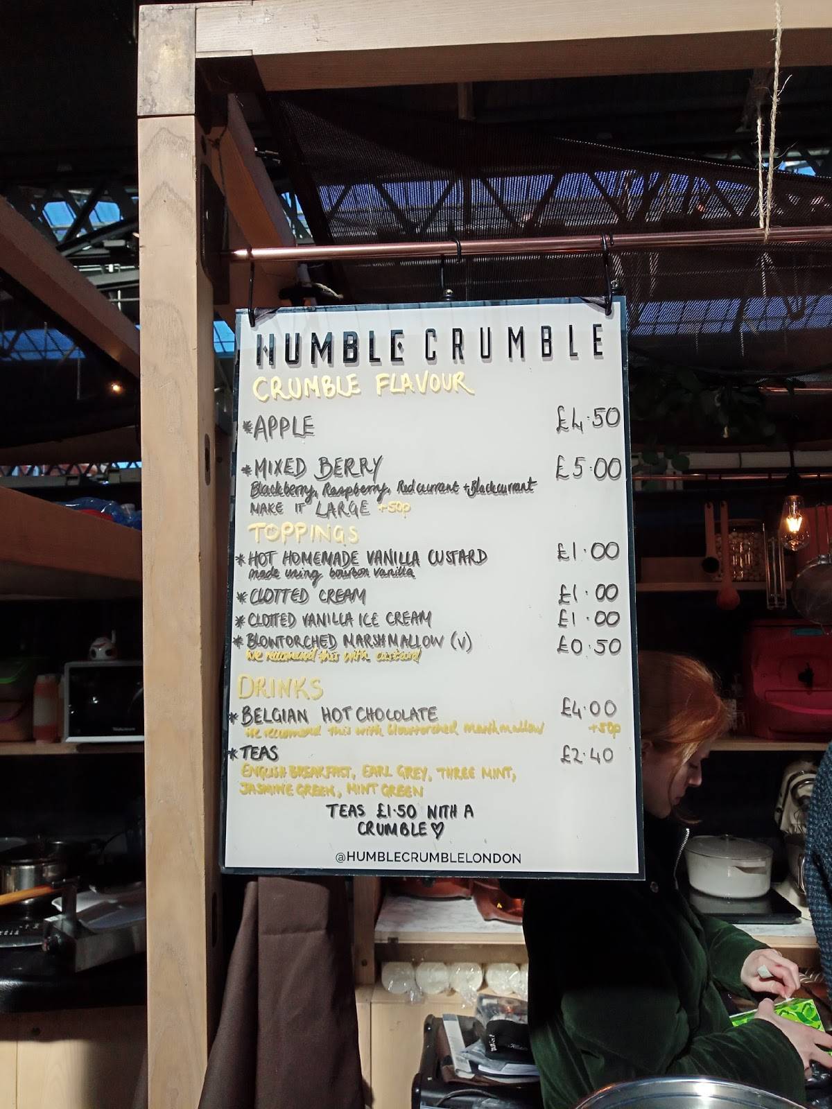 Menu at Humble Crumble restaurant, London, Old Spitalfields Market
