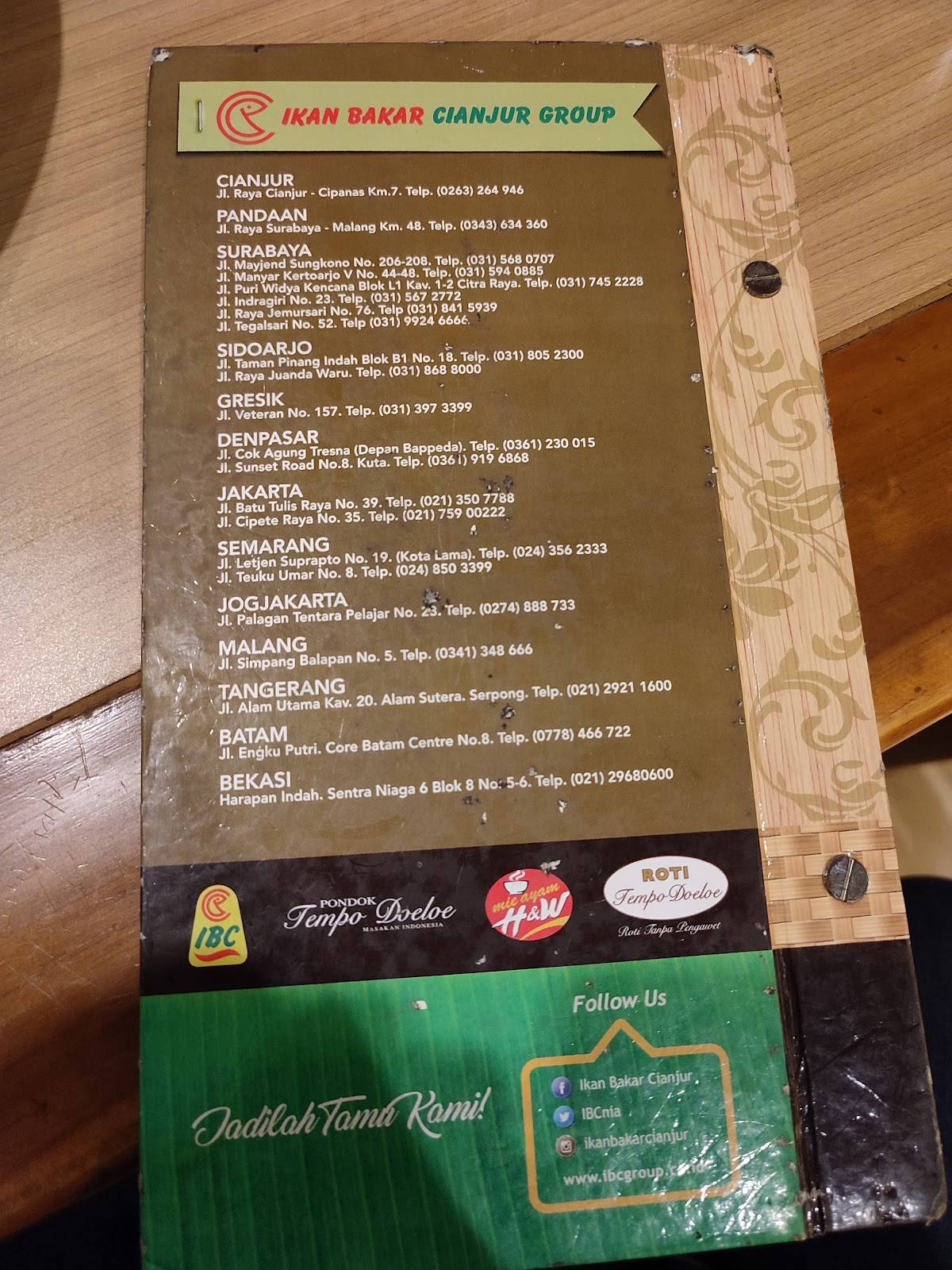 Carta del restaurante Ikan Bakar Cianjur - Gresik, Gresik