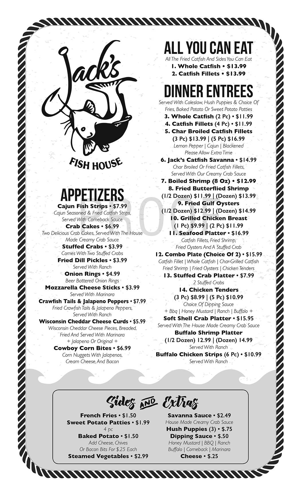 Menu at Jack's Fish House restaurant, McNeill, US-11