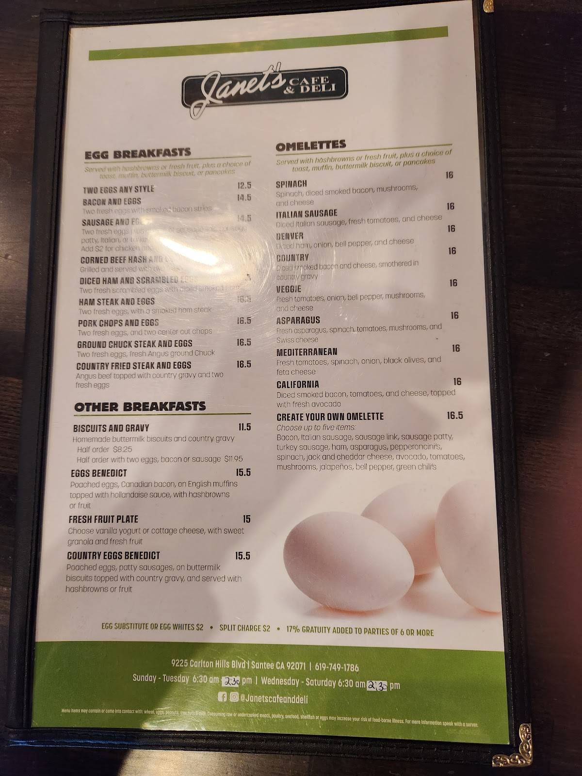 Menu at Janet's Cafe and Deli, Santee, Carlton Hills Blvd