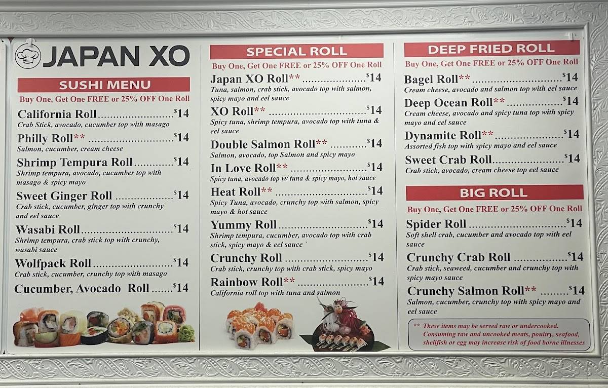 Menu at Japan XO restaurant, Raleigh