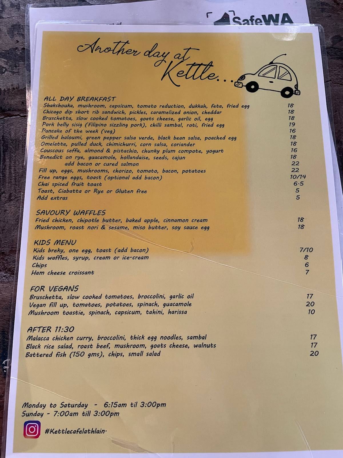 Menu at Kettle Cafe, Lathlain