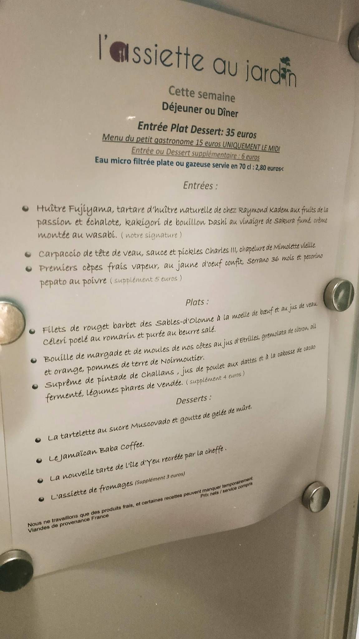Menu au L'assiette au Jardin restaurant, Noirmoutier-en-l'Île