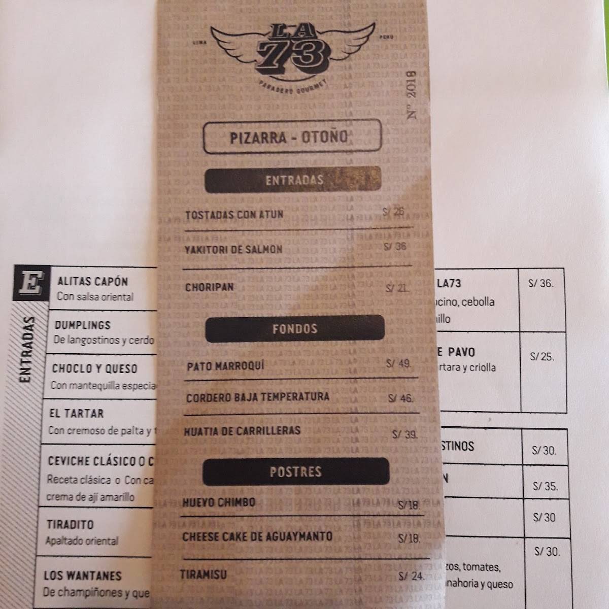 Carta del restaurante La 73, Barranco
