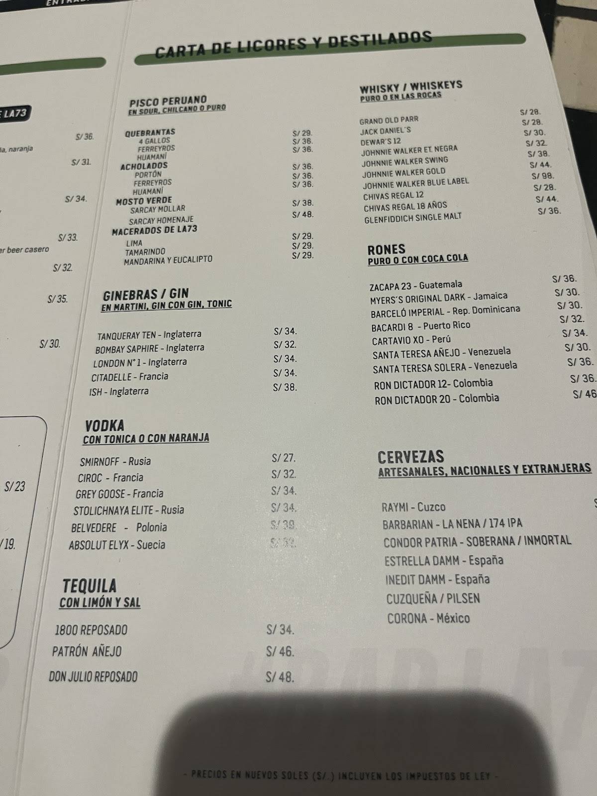 Carta del restaurante La 73, Barranco