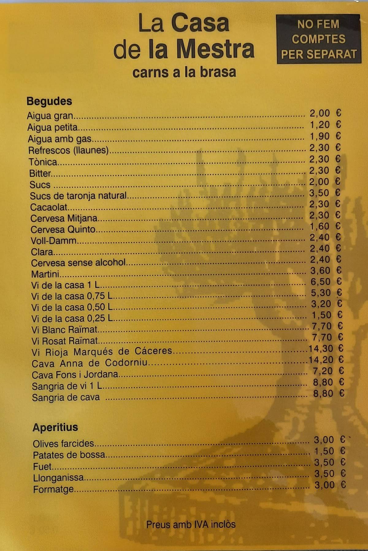 Carta de Restaurant La Casa de la Mestra, Els Gorgs