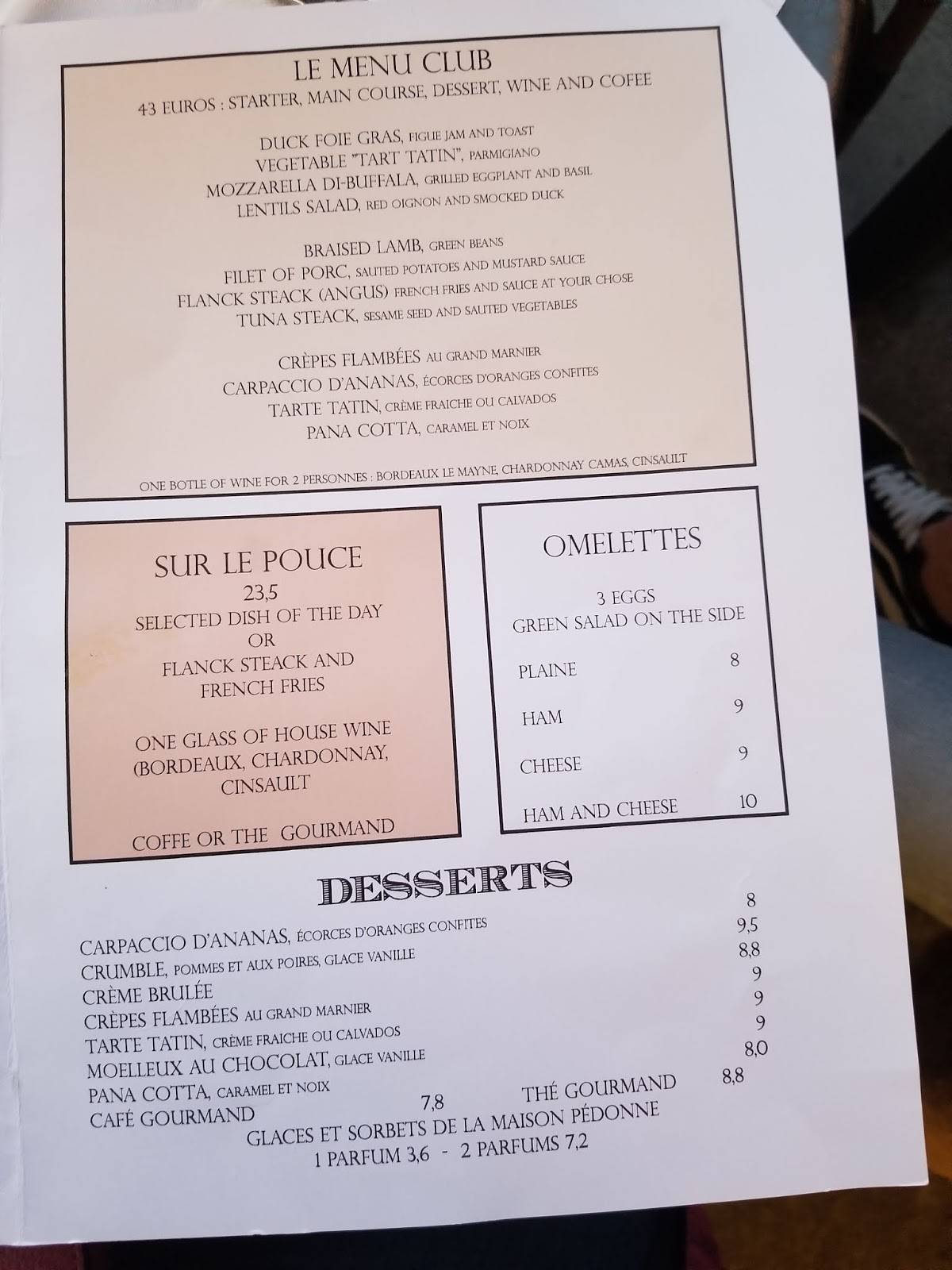 Menu au La Place Royale restaurant, Paris, 2 Bis Pl. des Vosges