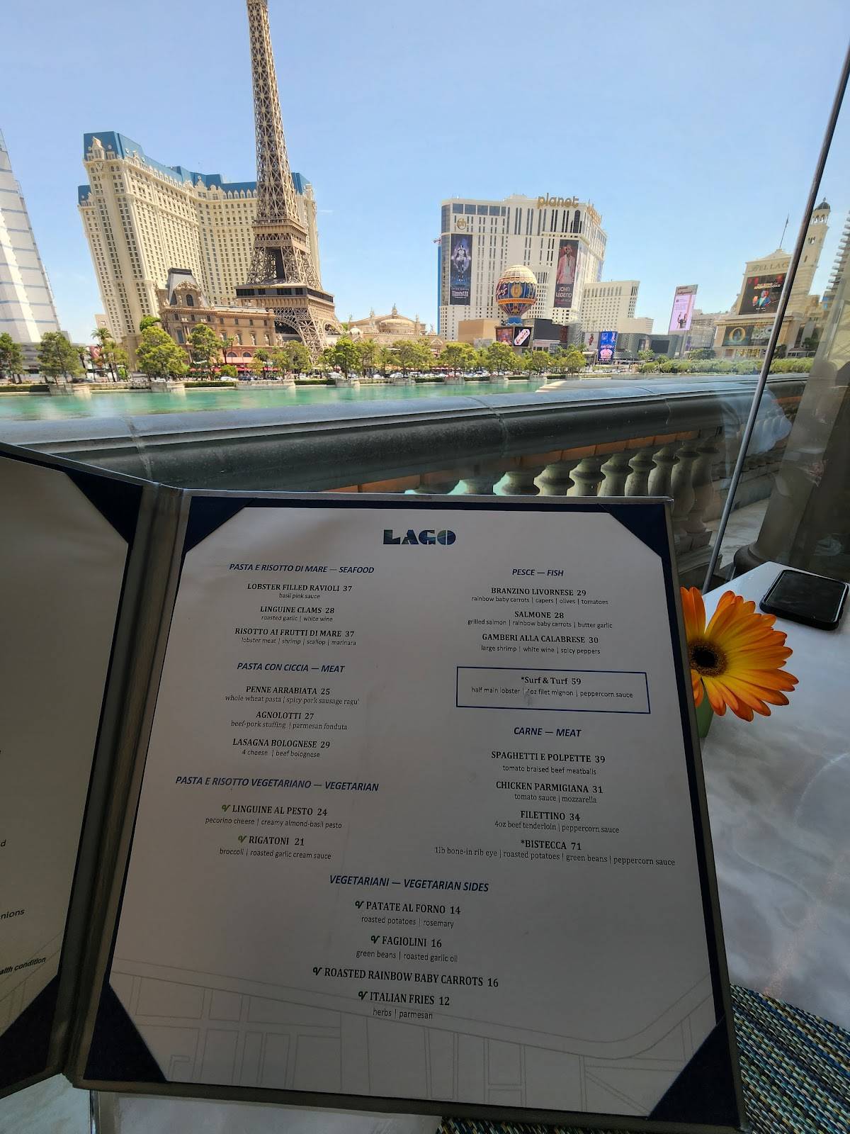 Menu at Lago restaurant, Las Vegas, 3600 S Las Vegas Blvd